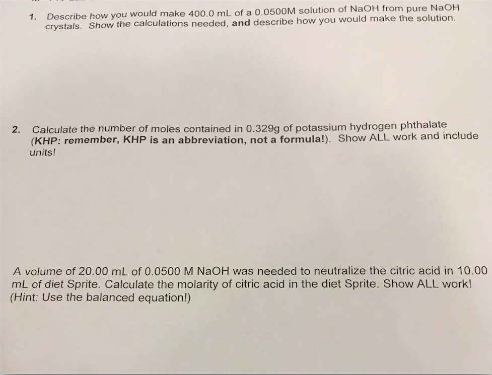 Solved Describe how you would make 400.0 mL of a 0.0500M | Chegg.com