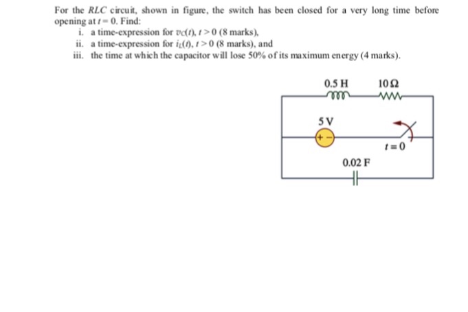 Solved For the RLC circuit, shown in figure, the switch has | Chegg.com