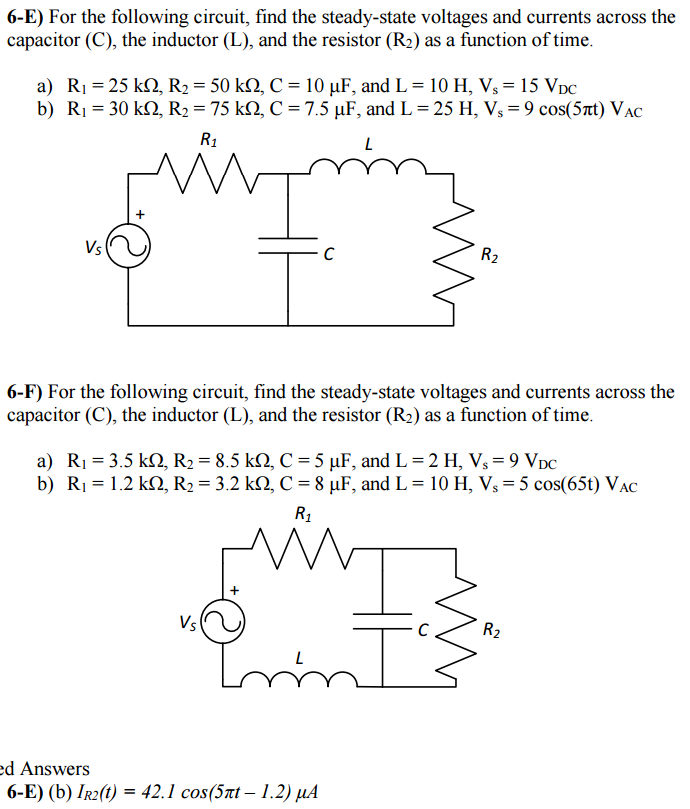 Solved For the following circuit, find the steady-state | Chegg.com