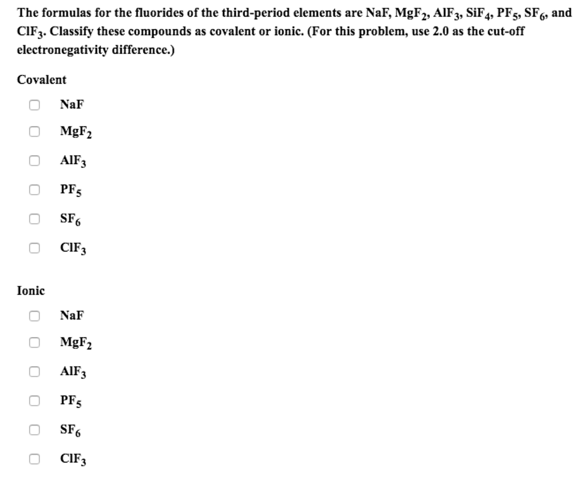 Solved The formulas for the fluorides of the third-period | Chegg.com