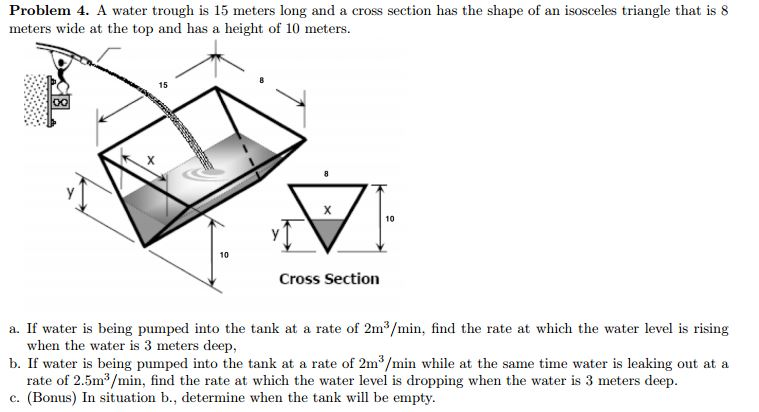 Solved A water trough is 15 meters long and a cross section | Chegg.com