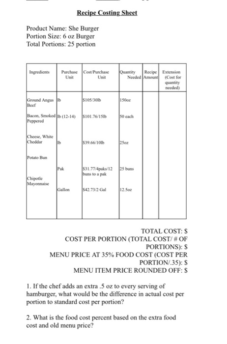 Solved Rccipe Costing Sheet Product Name: She Burger | Chegg.com