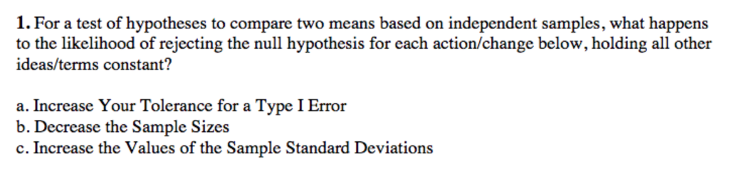 Solved 1. For a test of hypotheses to compare two means | Chegg.com