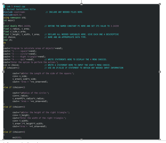 Lab > Areas2.cpp Marisol Castellanos villa include | Chegg.com