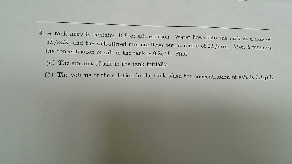 Solved A tank initially contains 10L of salt solution. Water | Chegg.com