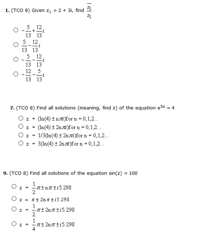 Solved 1 Tco 8 Given Z1 2 3i Find Z1z1 7 Tco 8