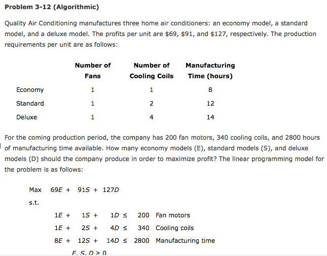 Solved Problem 3-12 (Algorithmic) Quality Air Conditioning | Chegg.com Solved Problem 3-12 (Algorithmic) Quality Air Conditioning | Chegg.com