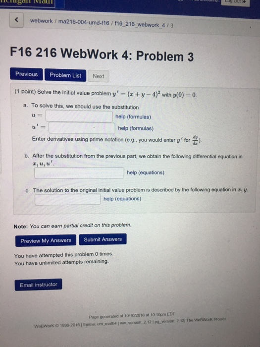 Solved F16 216 WebWork 4: Problem 1 Previous Problem List | Chegg.com