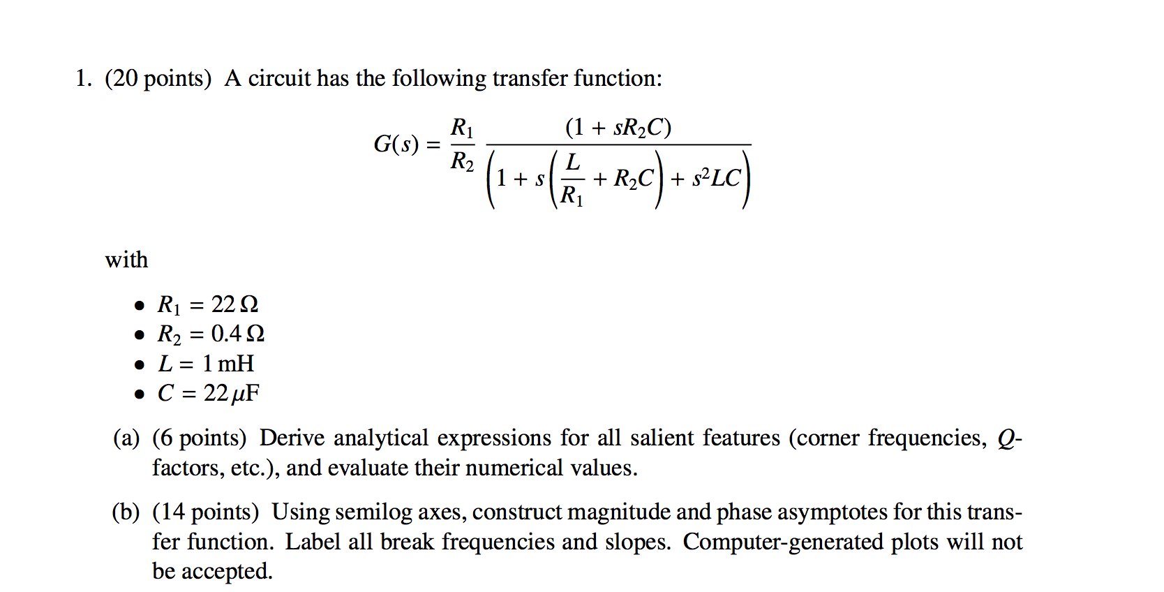 Solved A circuit has the following transfer function. Derive | Chegg.com