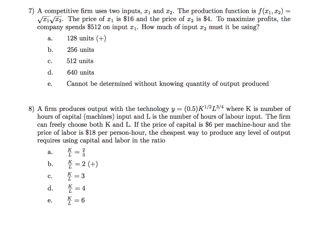 Solved 7) A competitive firm uses two inputs, x1 and x2. The | Chegg.com