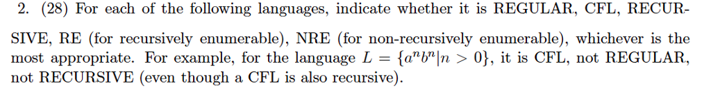 Solved 2. (28) For each of the following languages, indicate | Chegg.com