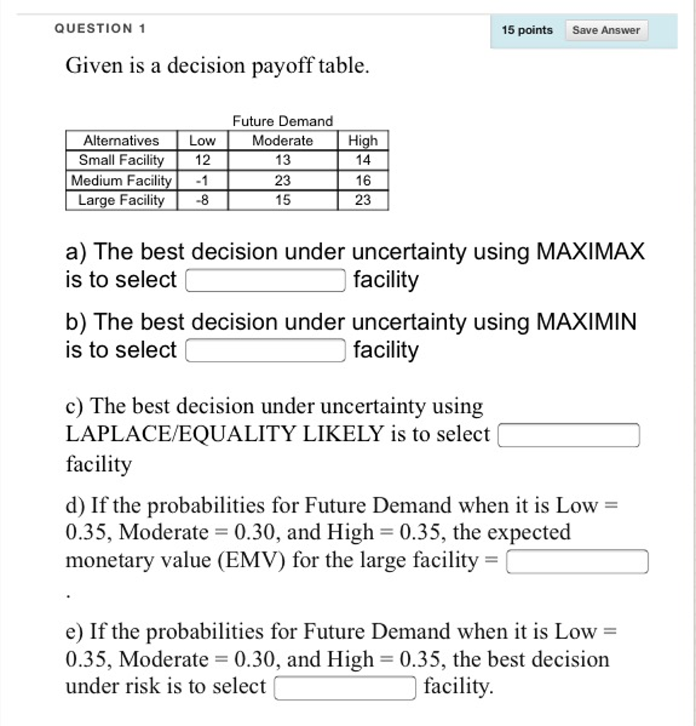 Solved Given is a decision payoff table. The best decision | Chegg.com