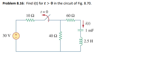 Solved Problem 8.16: Find i(t) for t > 0 in the circuit of | Chegg.com