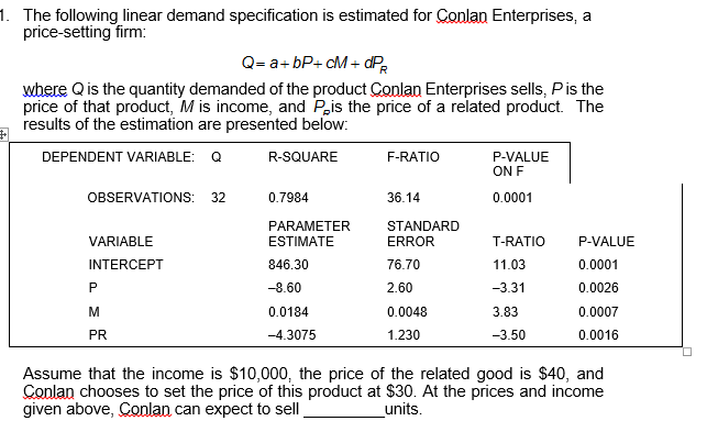 Solved 1. The following linear demand specification is | Chegg.com