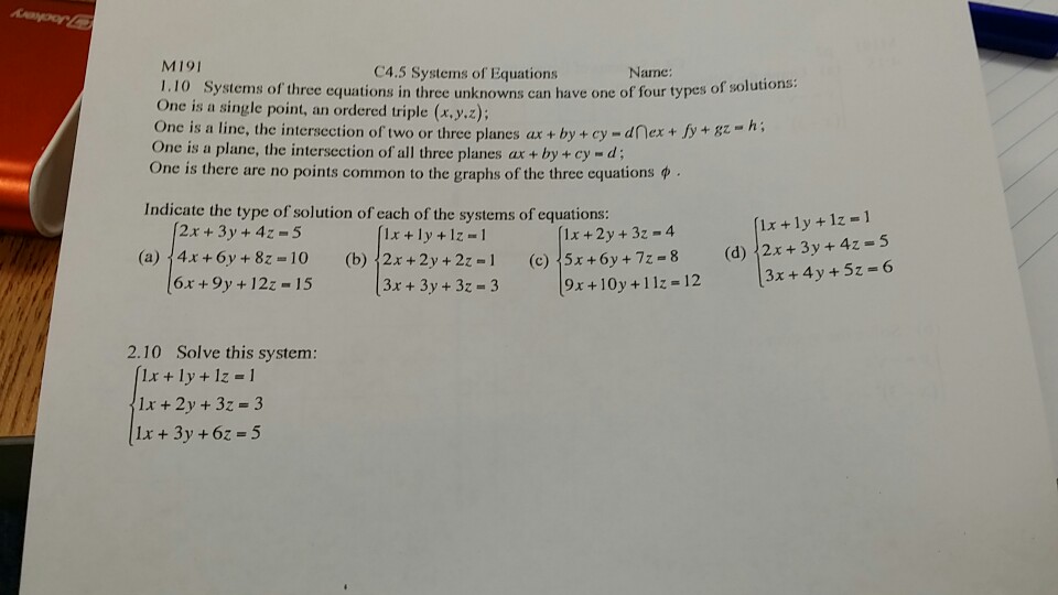 Solved 1.10 Systems of three equations in three unknowns can | Chegg.com