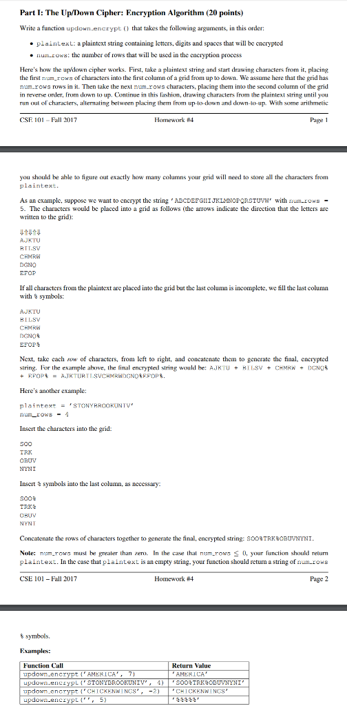 Solved Part I: The Up/Down Cipher: Encryption Algorithm (20 | Chegg.com
