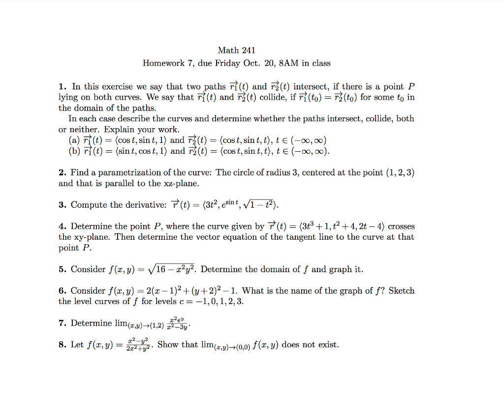 Solved Math 241 Homework 7, due Friday Oct. 20, 8AM in class | Chegg.com