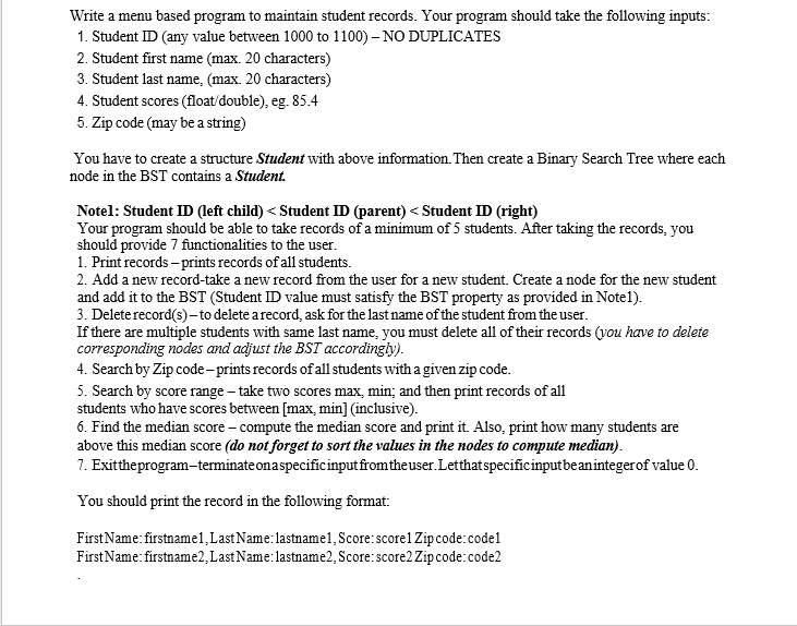 Write a menu based program to maintain student | Chegg.com