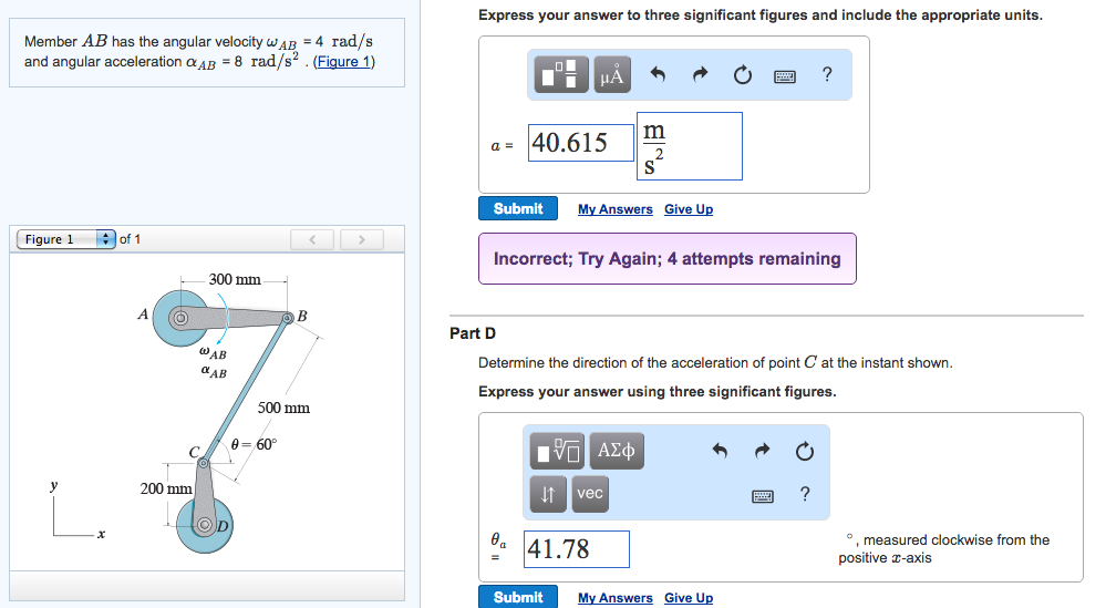 Solved Member AB has the angular velocity omega_AB = 4 rad/s | Chegg.com