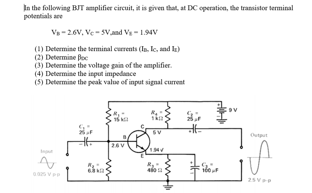 Solved In the following BJT amplifier circuit, it is given | Chegg.com