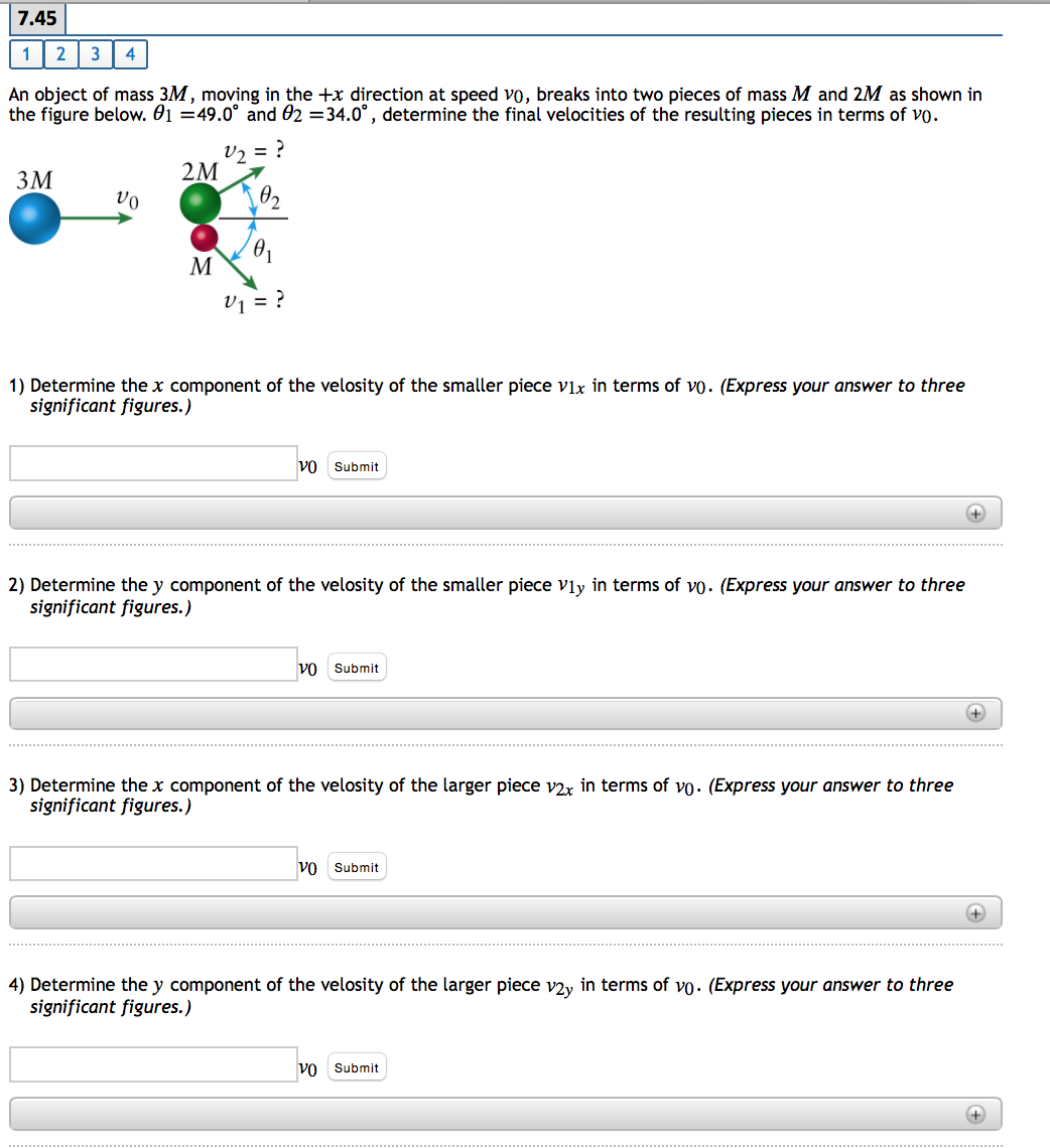 Solved An object of mass 3M, moving in the +x direction at | Chegg.com