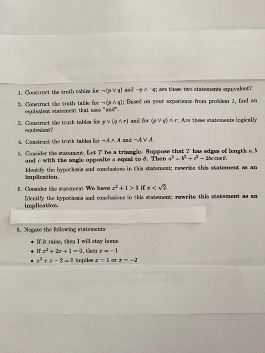 Solved 1. Construct the truth tables for (pva) and -pA-g: | Chegg.com