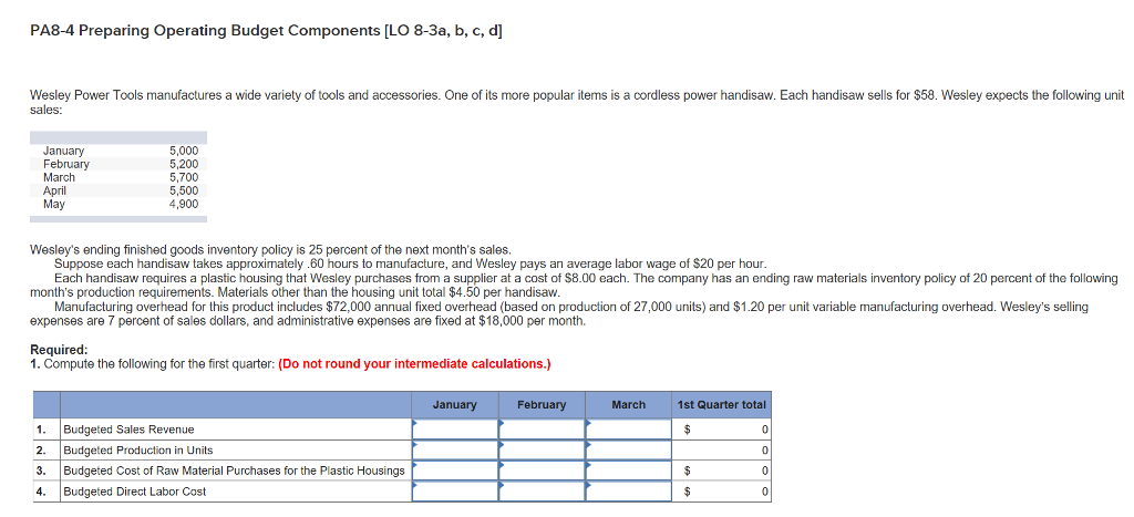 Solved PA8-4 Preparing Operating Budget Components [LO 8-3a, | Chegg.com