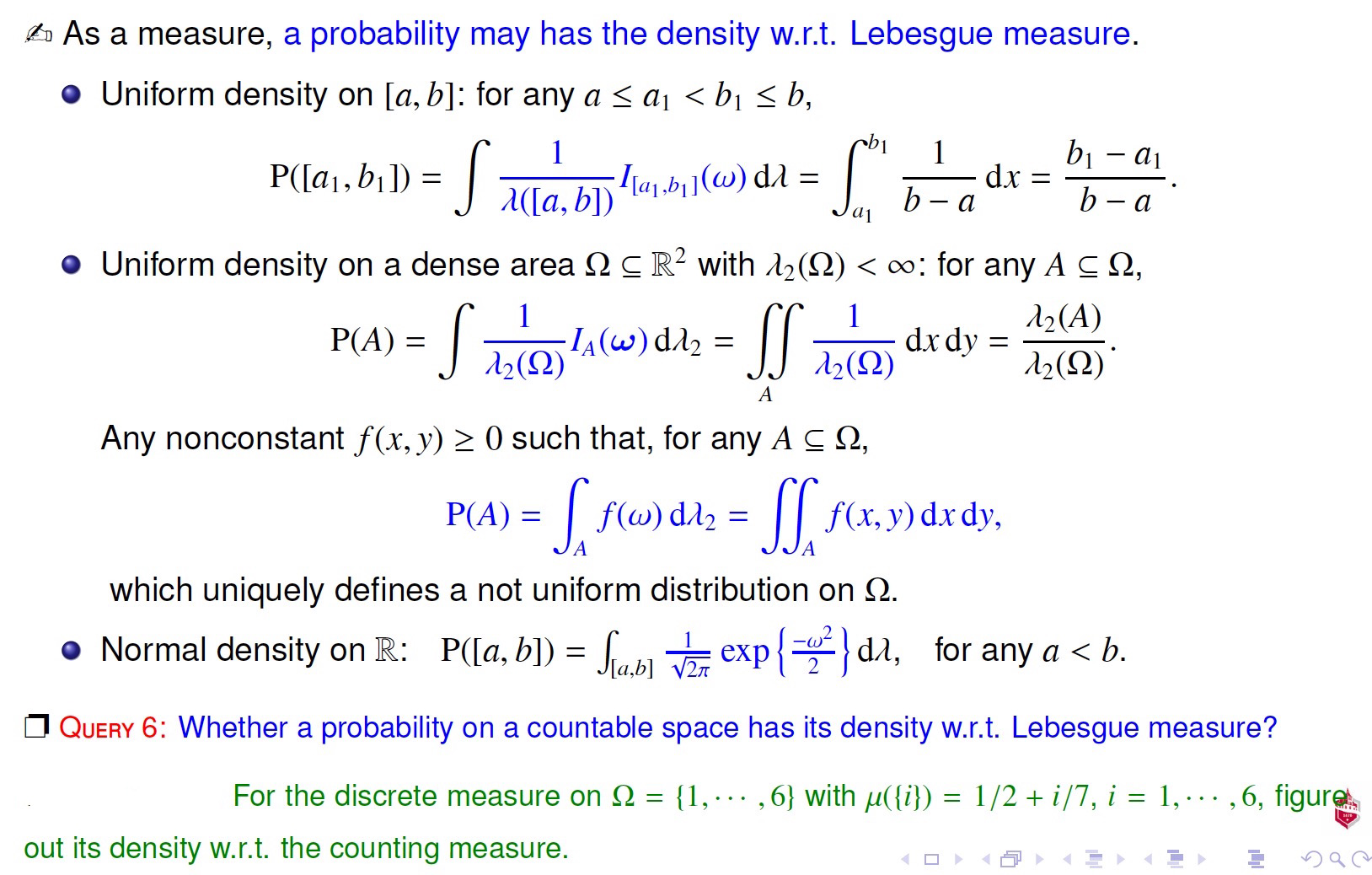 As a measure, a probability may has the density | Chegg.com