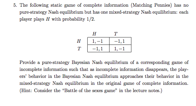 Solved 5. The following static game of complete information | Chegg.com