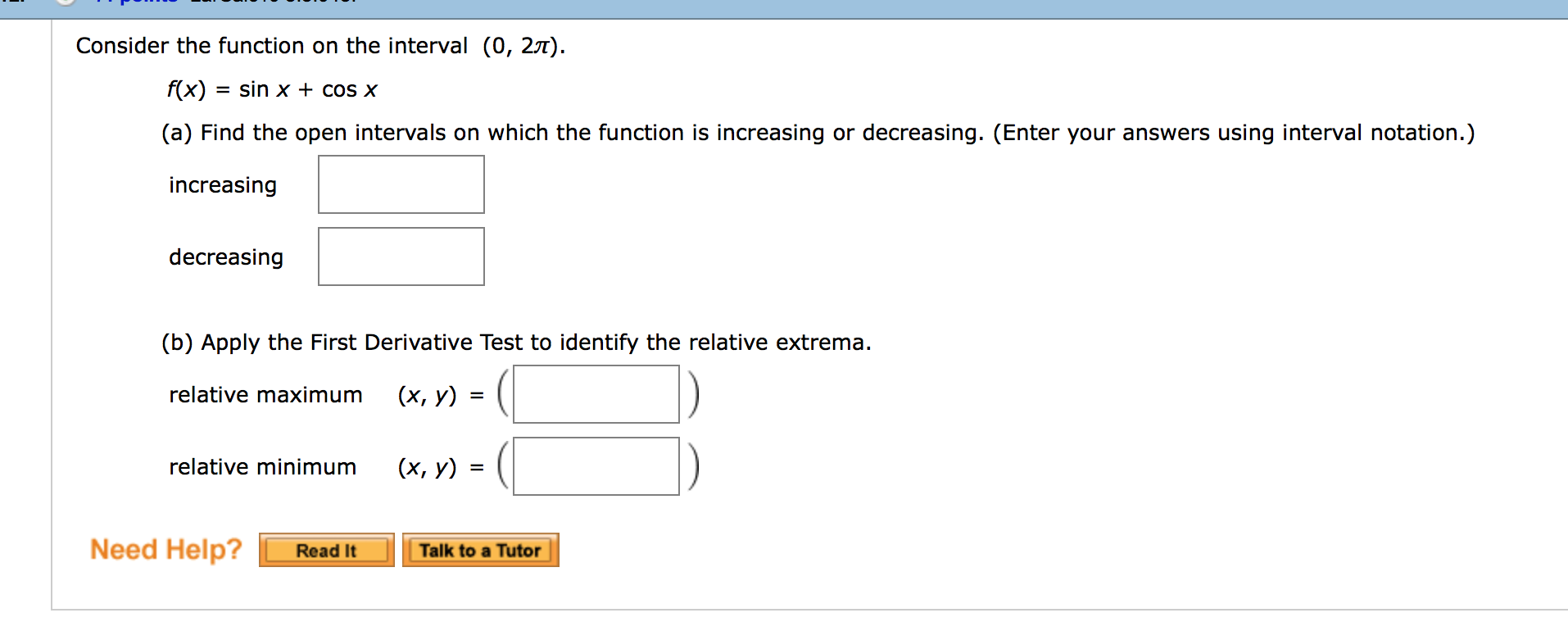 Solved Consider the function on the interval (0, 2 pi). f(x) | Chegg.com