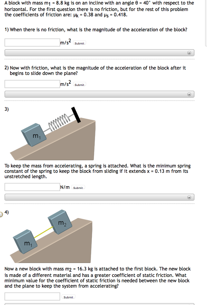 Solved A block with mass m1 = 8.8 kg is on an incline with | Chegg.com