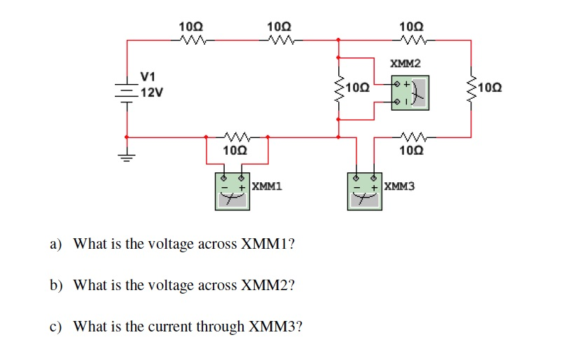 Solved a) What is the voltage across XMM1? b) What is the | Chegg.com