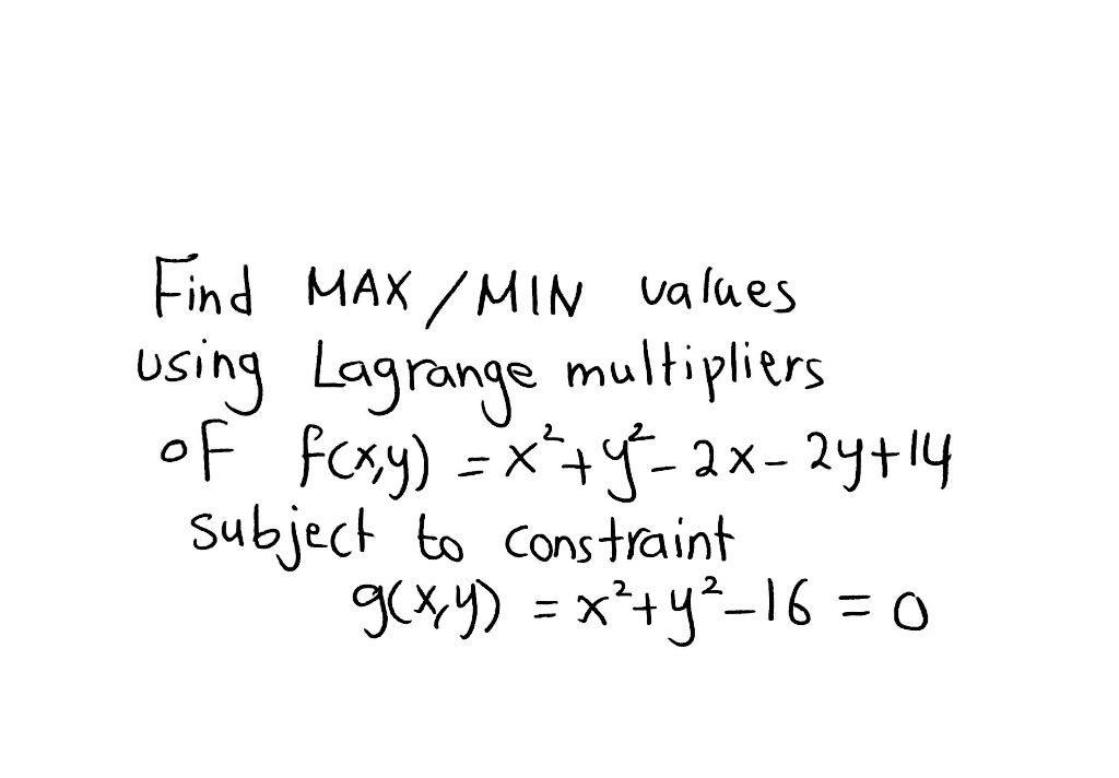 Solved Find MAX/MIN values using Lagrange multipliers of | Chegg.com