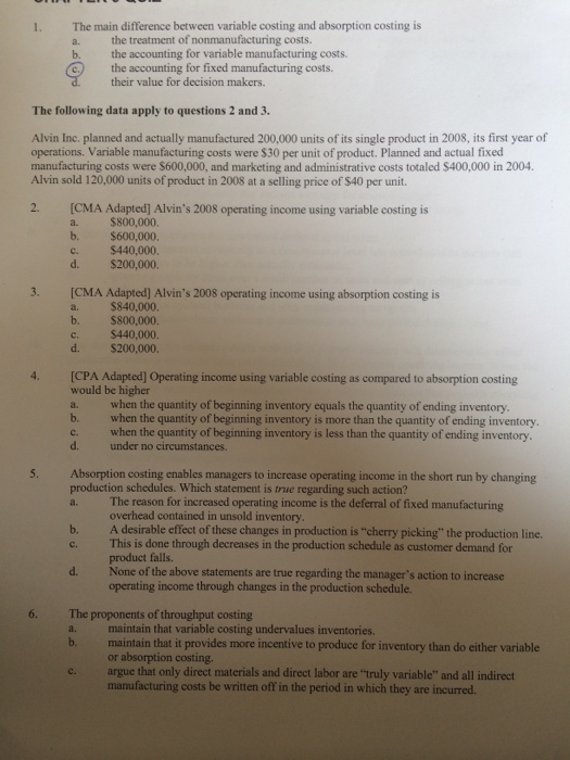 Solved The main difference between variable costing and | Chegg.com
