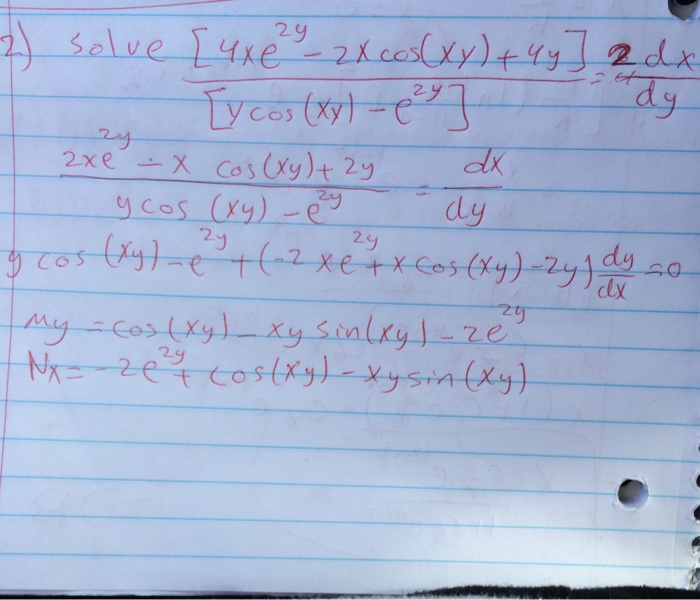 Solved Solve [4xe^2y - 2x cos (xy) + 4y]/[y cos(xy) - e^2y] | Chegg.com