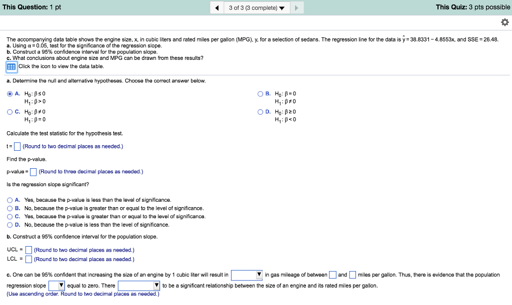 Solved Table of Engine Size and MPG 1 Engine Size MPG Car | Chegg.com