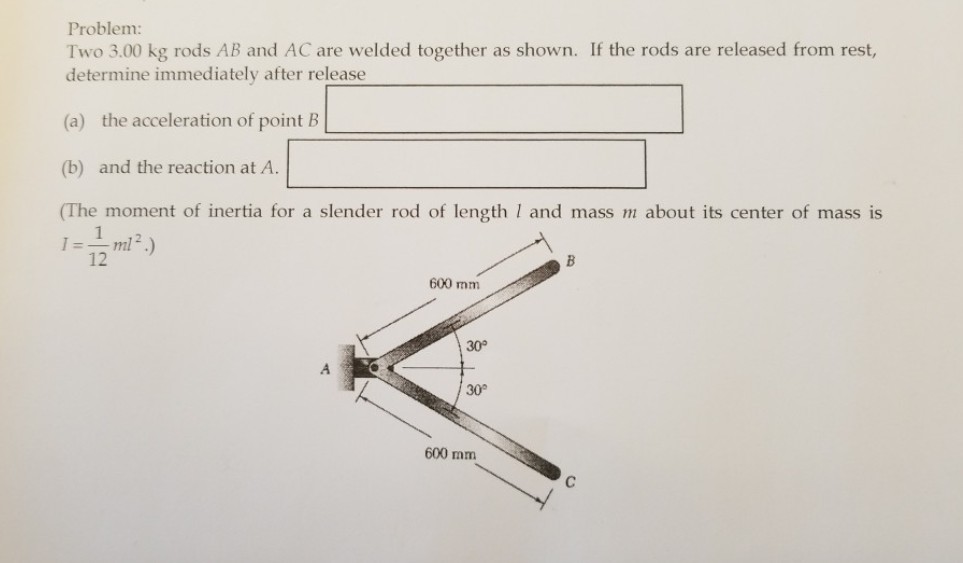 Solved Problem: Two 3.00 kg rods AB and AC are welded | Chegg.com