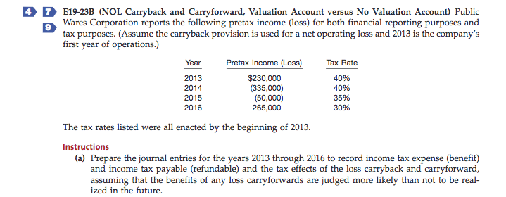 Solved E19-23B (NOL Carryback and Carry forward, Valuation | Chegg.com