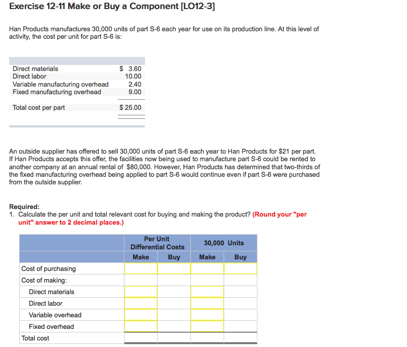 Solved Exercise 12-11 Make or Buy a Component [LO12-3] Han | Chegg.com