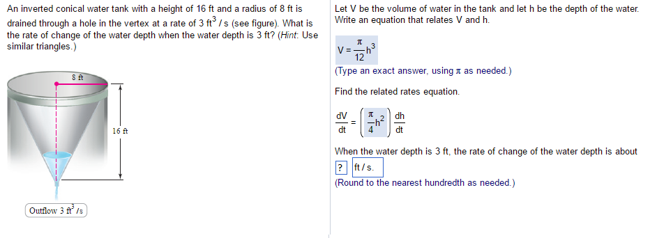 Solved An inverted conical water tank with a height of 16 ft | Chegg.com