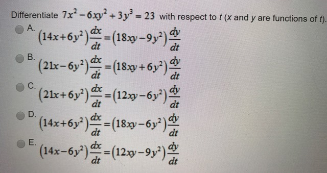 Solved Differentiate 7x^2 - 6xy^2 + 3y^3 = 23 with respect | Chegg.com