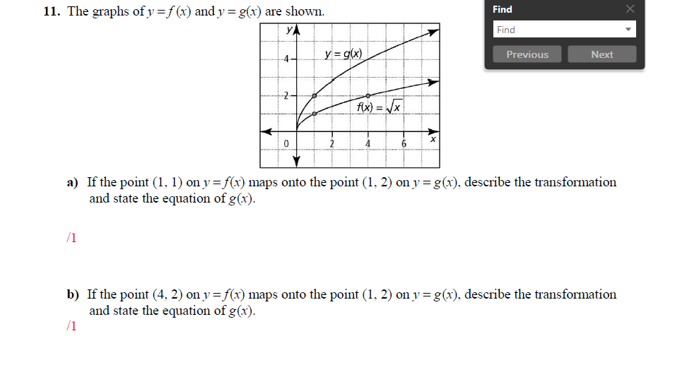 Solved 11. The graphs of v =f(x) and y =g(x) are shown. inne | Chegg.com