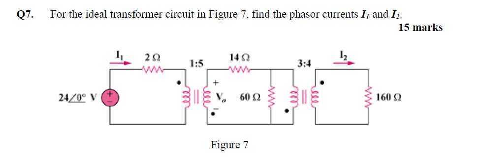 Solved For the ideal transformer circuit in Figure 7, find | Chegg.com