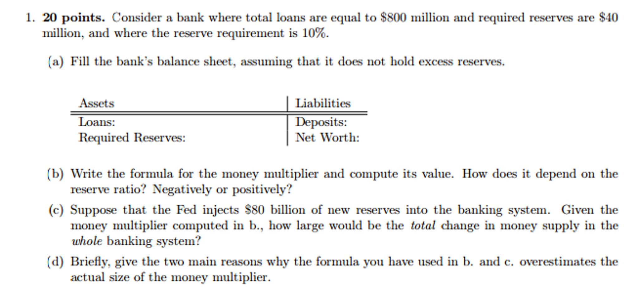 Solved Consider a bank where total loans are equal to $800 | Chegg.com