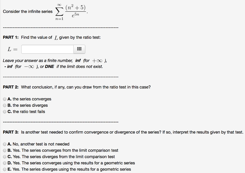 Solved y"45). Consider the infinite series e5n n=1 PART 1: | Chegg.com