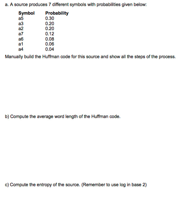 Solved a. A source produces 7 different symbols with | Chegg.com