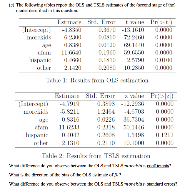 (e) The following tables report the OLS and TSLS | Chegg.com