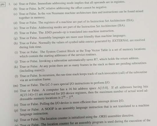 Solved pts 1. (a) True or False. Immediate addressing mode | Chegg.com
