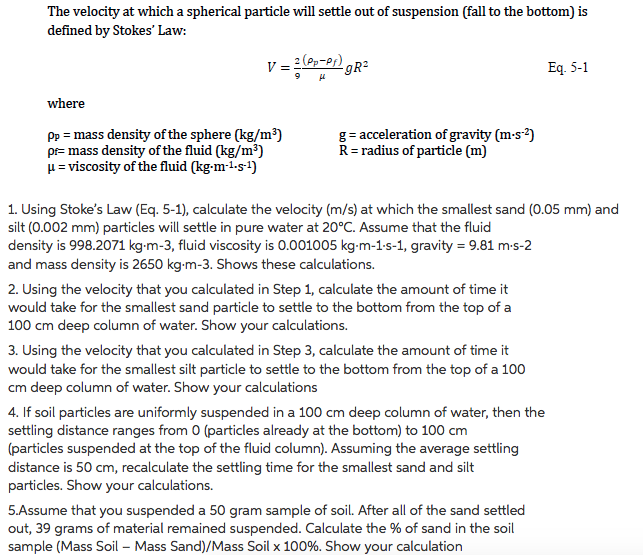 Solved The velocity at which a spherical particle will | Chegg.com