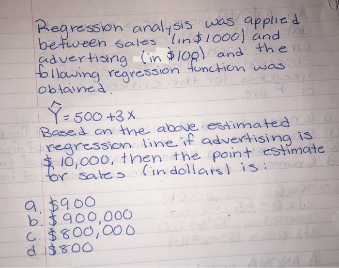 Solved Regression analysis was applied between sales (in | Chegg.com